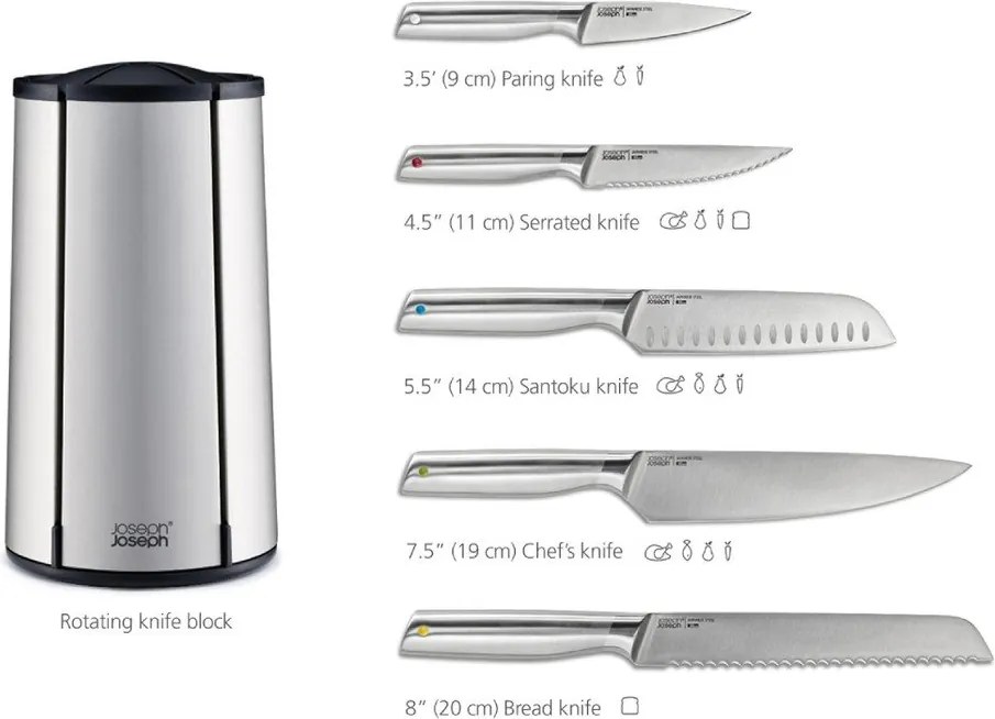 Sada nožů s rotačním stojanem 5 ks z nerezové oceli Elevate Steel – Joseph Joseph