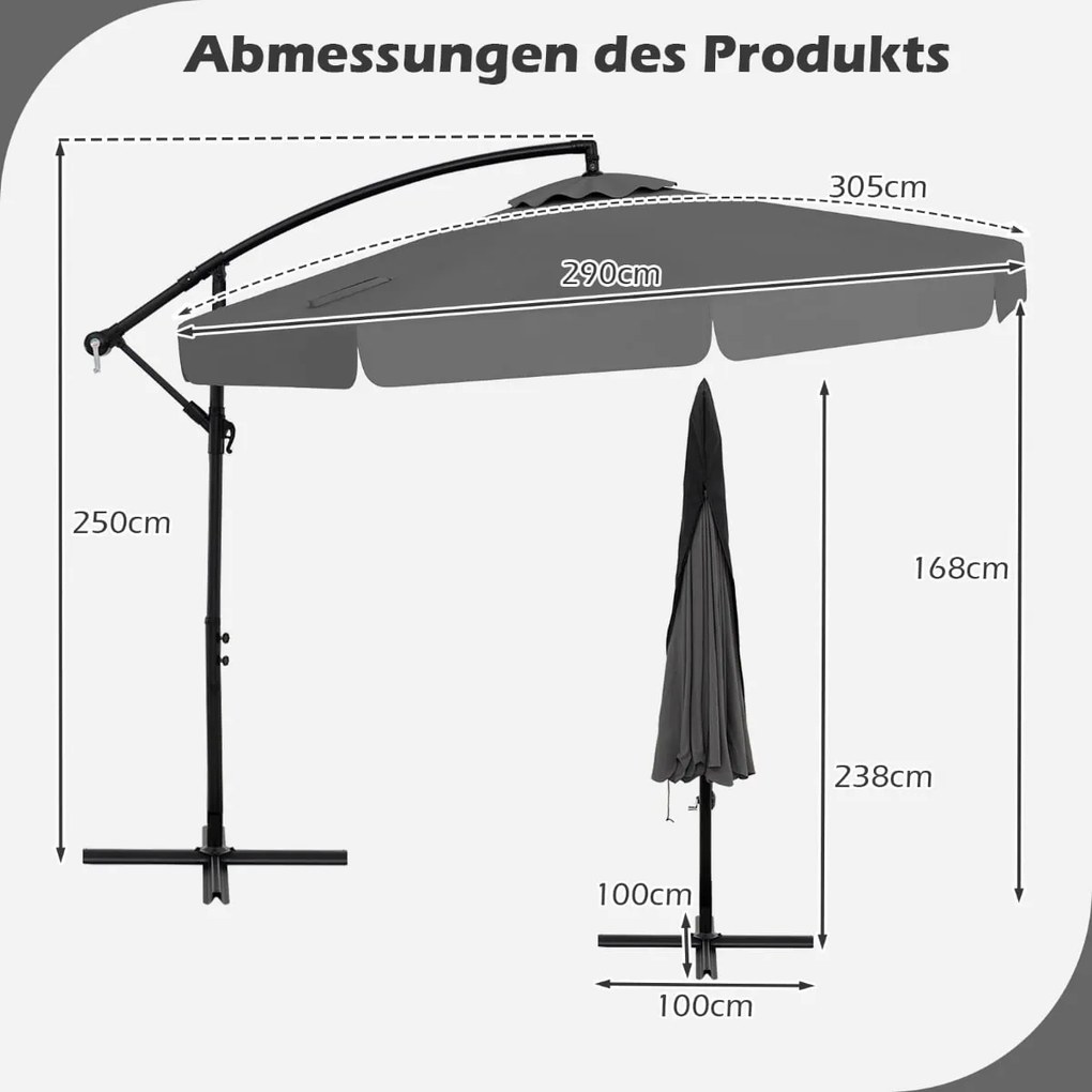 Costway Slunečník 300 cm včetně ochranného krytu s klikou a volánem, šedá
