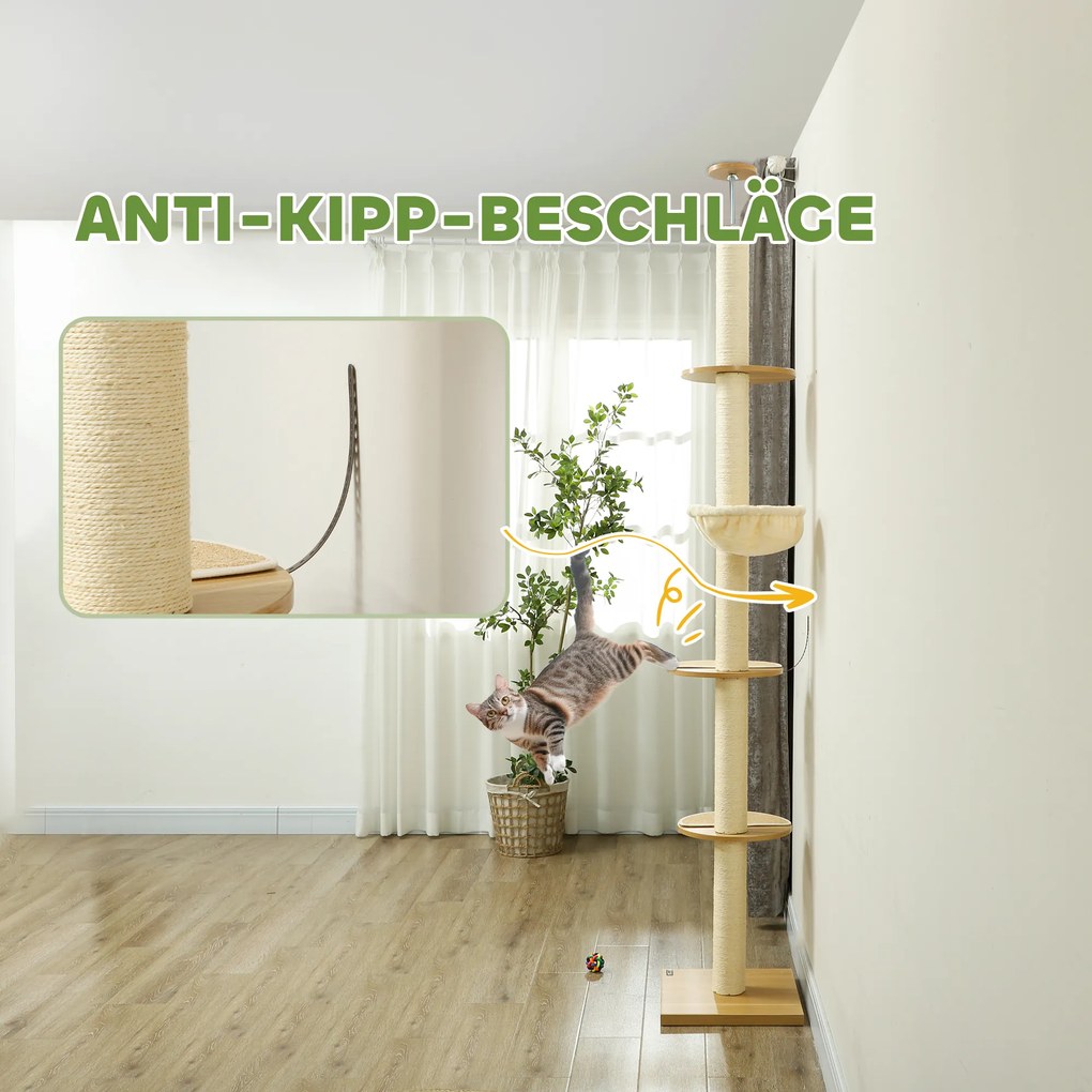 PawHut škrabadlo, kočičí škrabadlo vysoké, 230-250 cm, šplhací strom s houpací sítí, výškově nastavitelný kočičí strom, strom na hraní s ochranou pro…