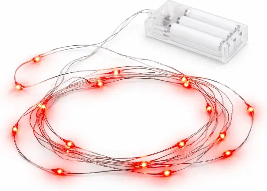 LED světýlka na baterie, kapičky, 2,30 m, červená, 20 diod, drátek, IP20 interiér, 3 × AA