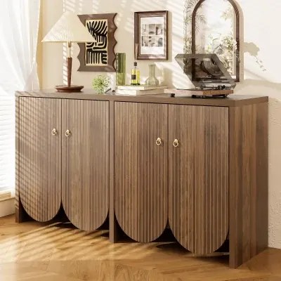 Aosom Komoda se 4 dveřmi, všestranná úložná skříň do obývacího pokoje a jídelny, 147 × 40 × 80 cm, přírodní barva
