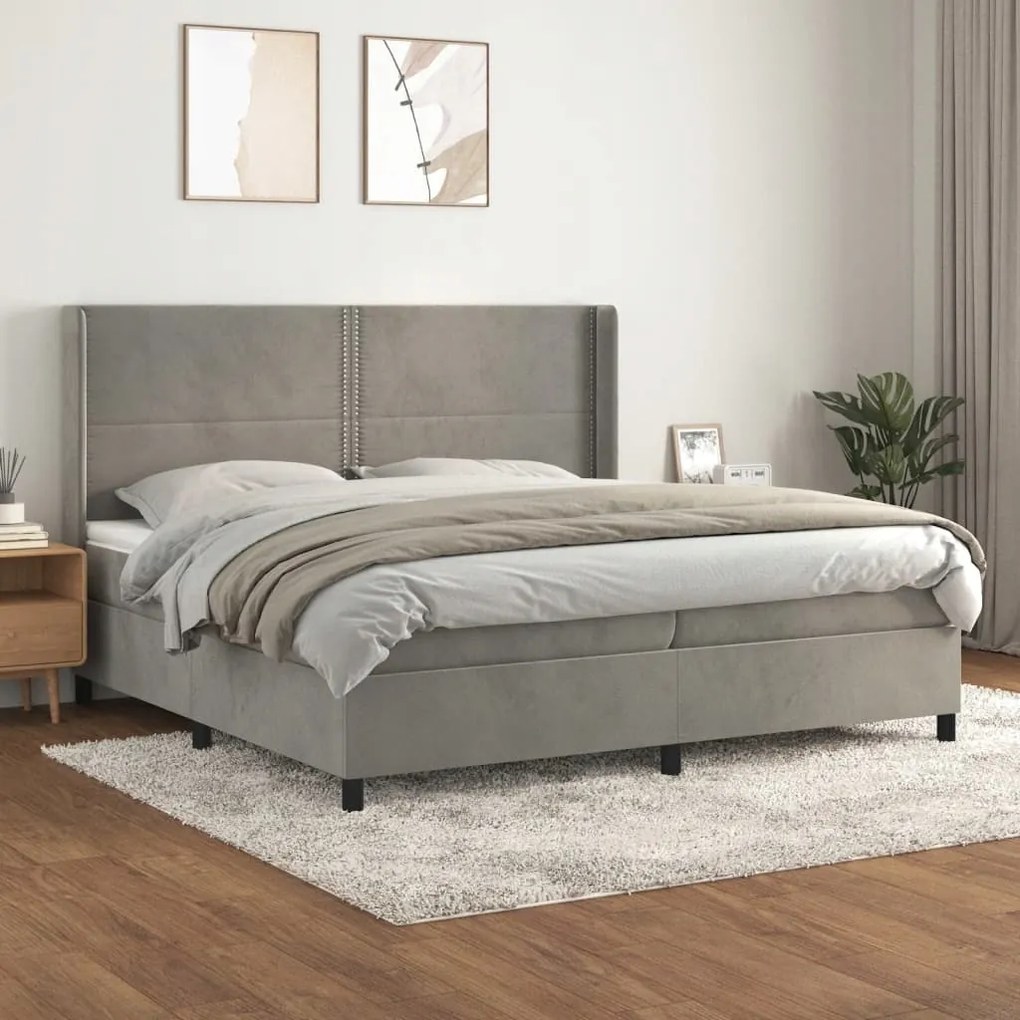 Box Spring Postel S Matrací Samet Světle Šedá Hladké s hřebíky 200 x 200