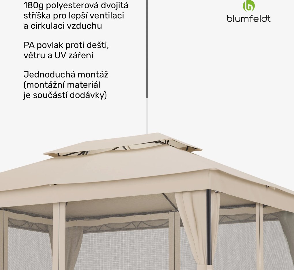 Blumfeldt Altán Mondo Dual 3x4 s dvojitou střechou a sítí proti hmyzu