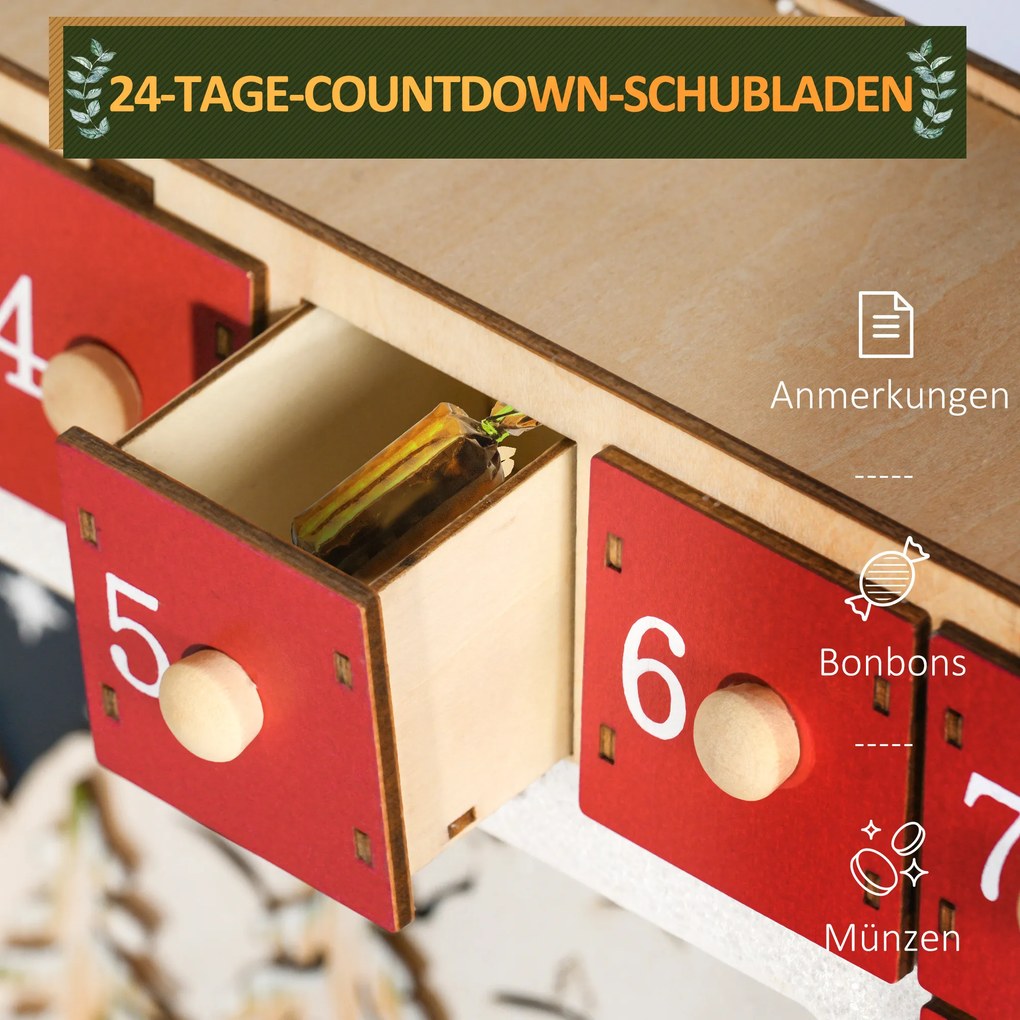 HOMCOM LED adventní kalendář s vesnickou scénou, 24 velkých zásuvek, MDF, 34 x 7 x 34 cm, červená