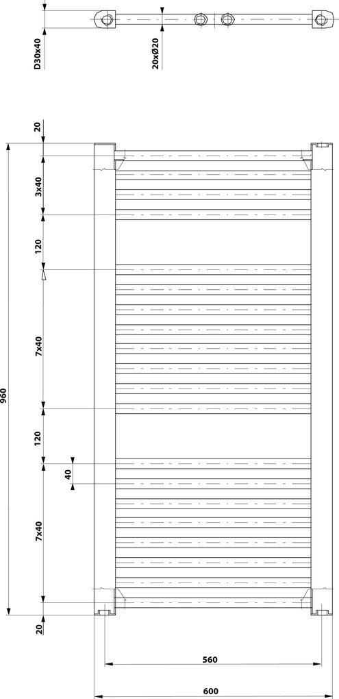Aqualine Direct otopné těleso rovné boční připojení 600 x 960 mm černá mat ILR96B