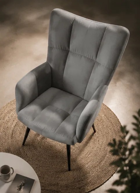 relaxační křeslo, odpočinkové, ušák, kov/samet, 98x63x69 cm, černá/světle šedá, Dekorino KR20260001