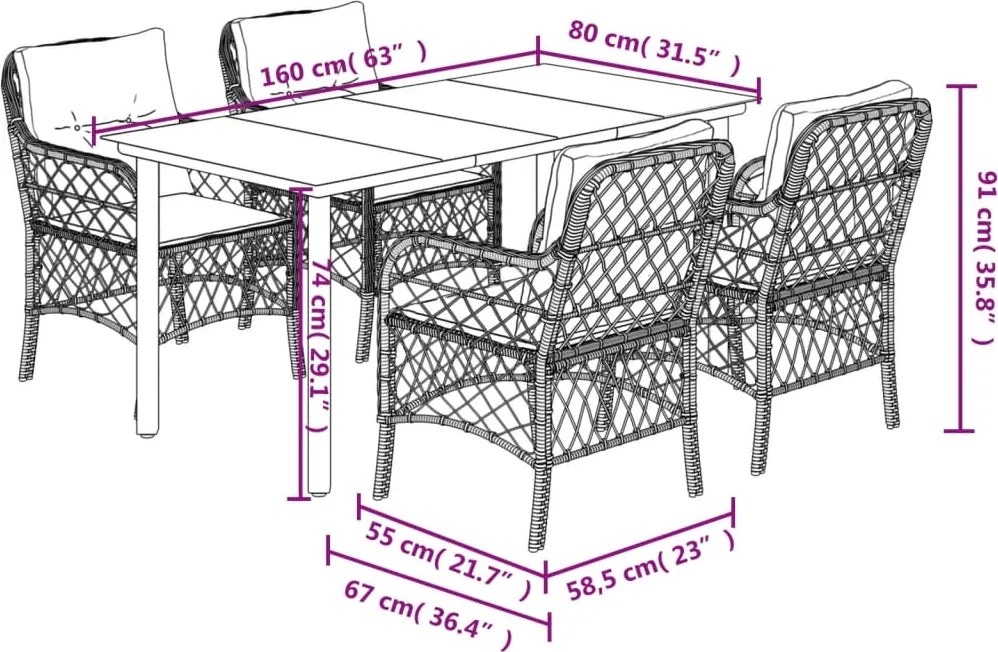 5dílný zahradní jídelní set s poduškami světle šedý polyratan 3212176