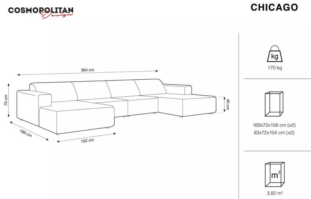 Světle šedá čalouněná rohová pohovka do "U" Cosmopolitan Design Chicago 364 cm