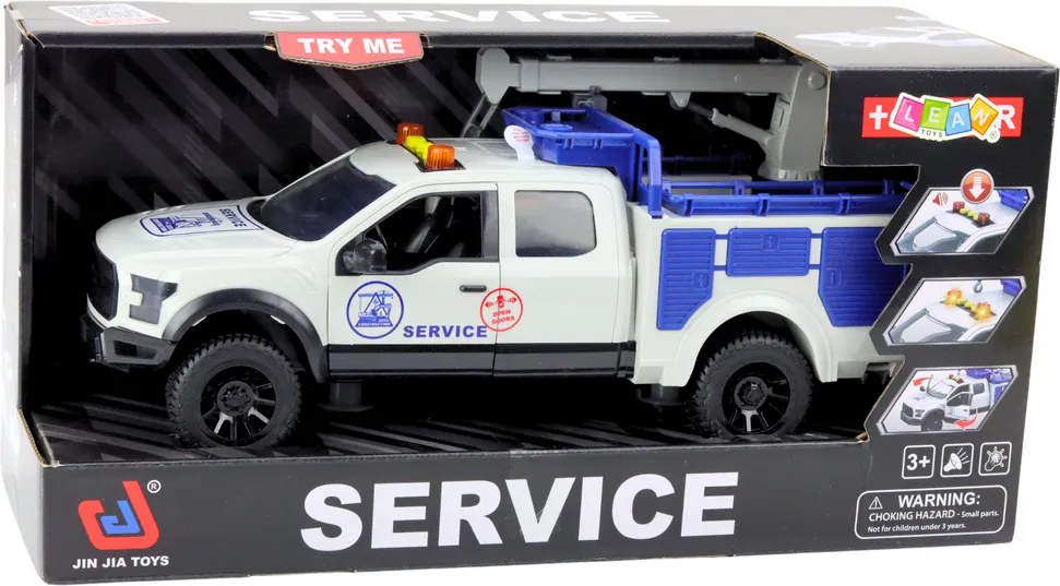 LEAN Toys Servisní auto s jeřábem, světla a zvuky, bílé, 1:12