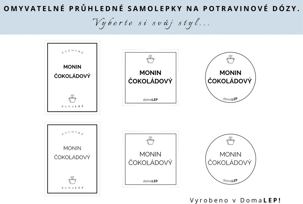MONIN ČOKOLÁDOVÝ - omyvatelná samolepka na dózu, výběr rozměrů Ø 5 cm / 5 x 5 cm / 6 x 8 cm | DomaLEP tvar: OBDÉLNÍK, barva: PRŮHLEDNÁ - ČERNÉ písmo, velikost: š. 6 cm x v. 8 cm – základní písmo