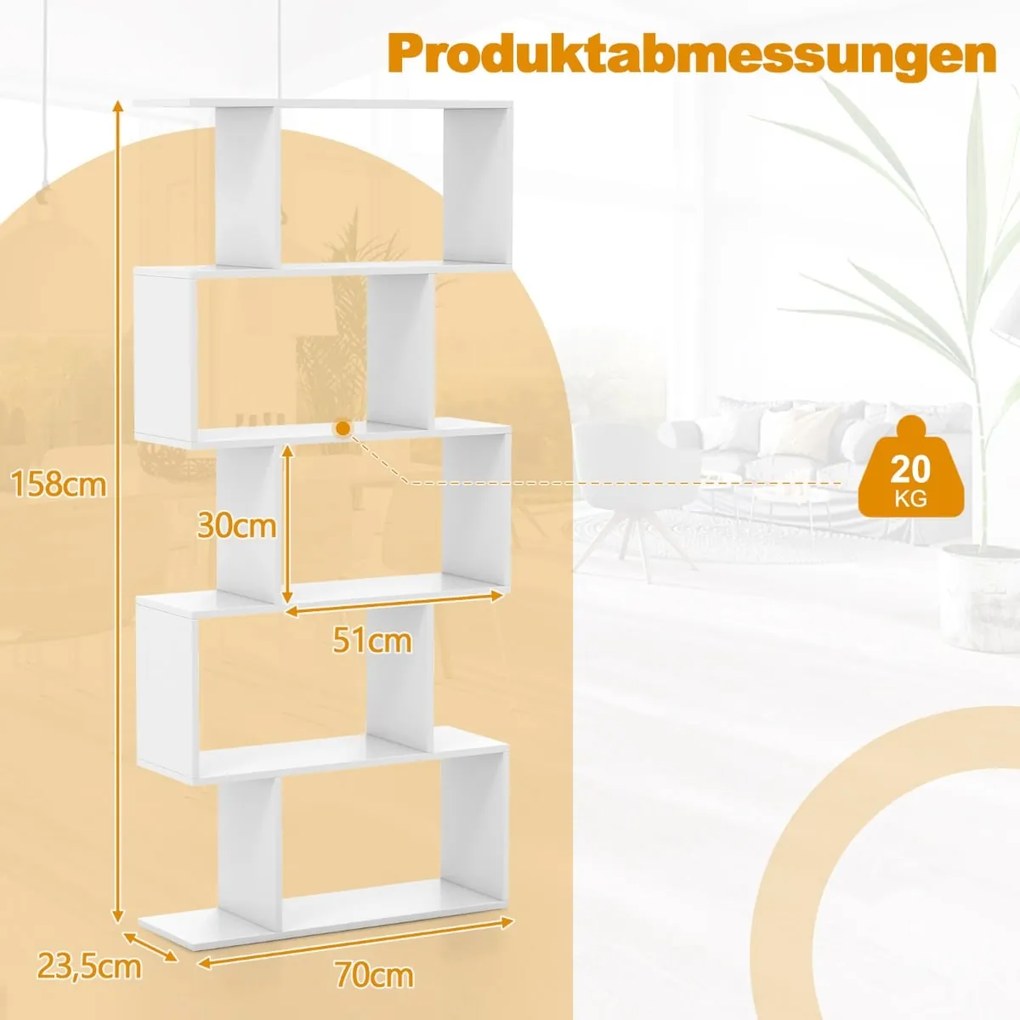 Costway Knihovna 5 vrstev Anti-Tilt Samostatně stojící přepážka – bílý
