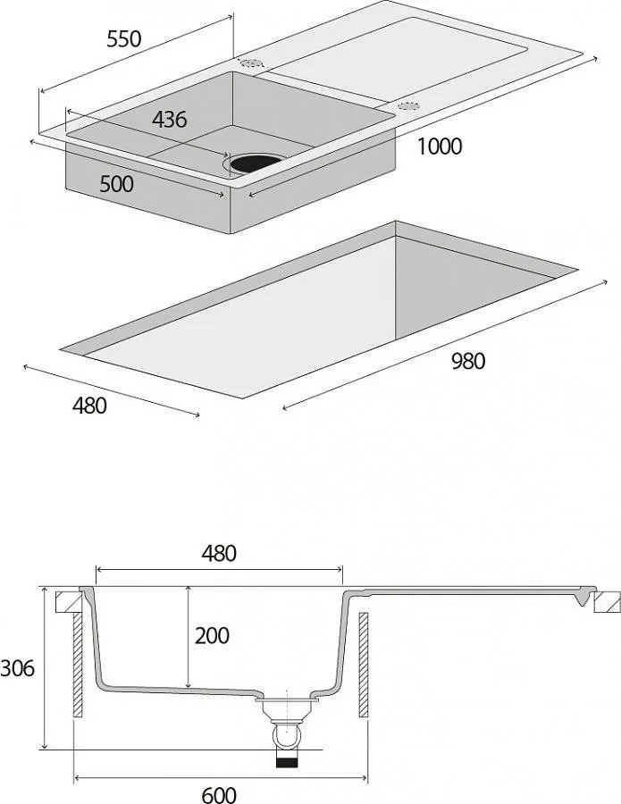 Concept NB Granitový dřez s odkapem DG15L60dg Linea TMAVĚ ŠEDÝ