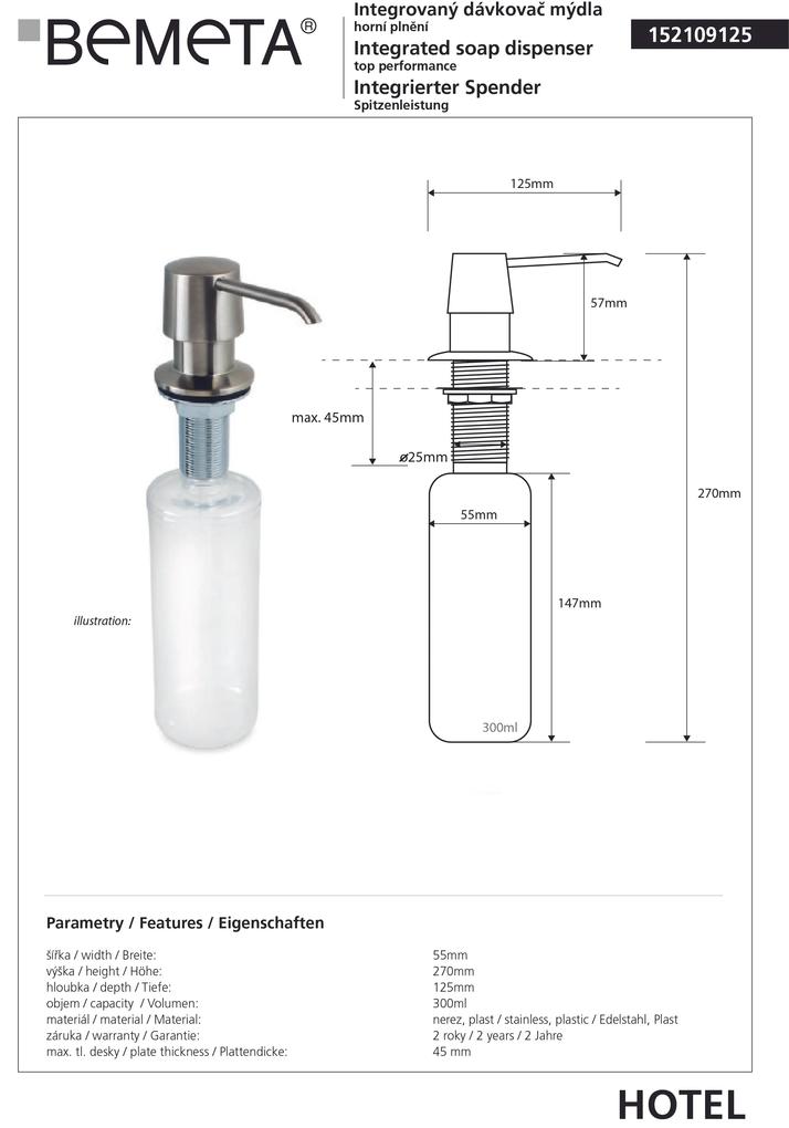 Bemeta Design Integrovaný dávkovač mýdla/saponátu, 300 ml, nerez/plast, mat -
