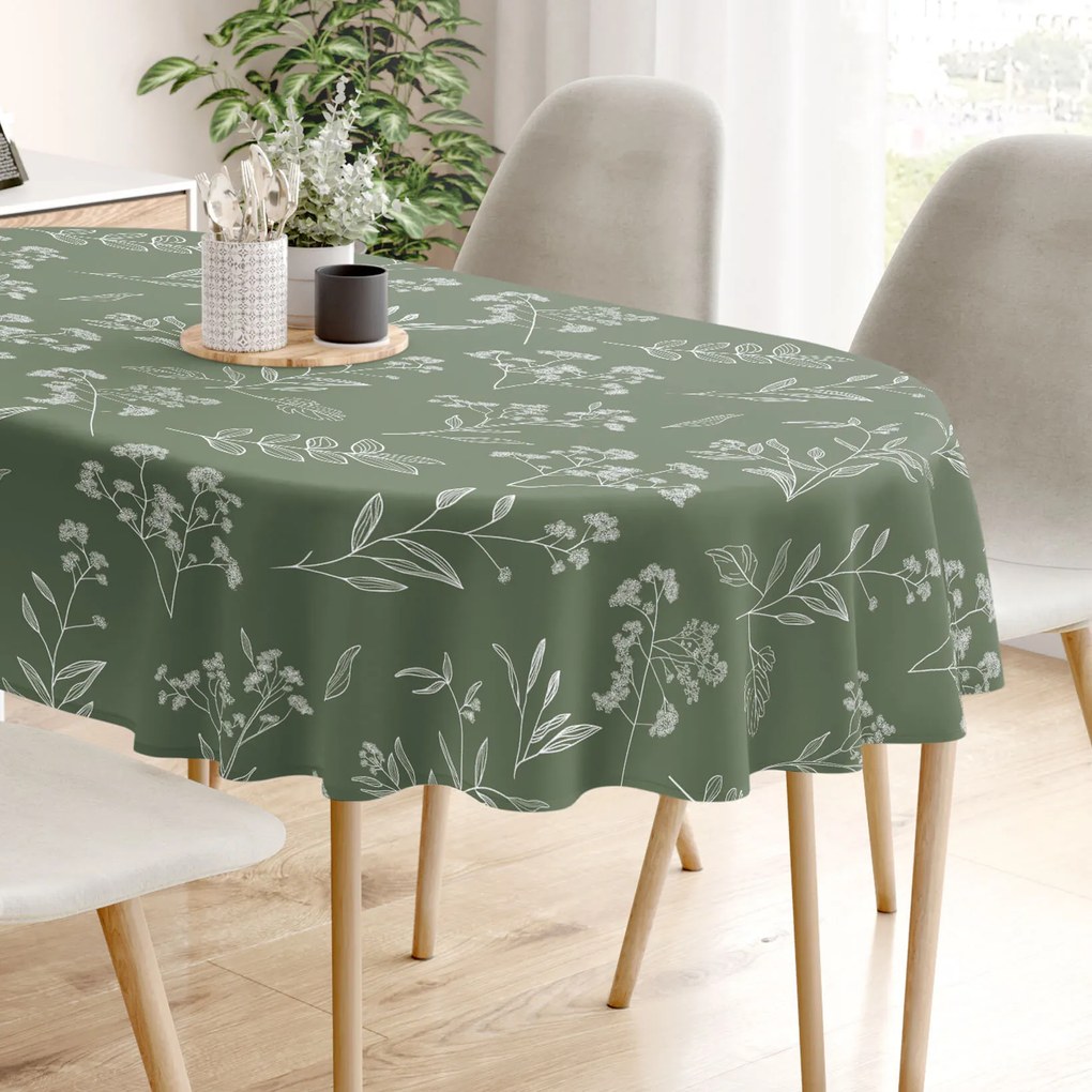 Goldea oválný ubrus 100% bavlněné plátno - bylinkové lístky 120 x 160 cm