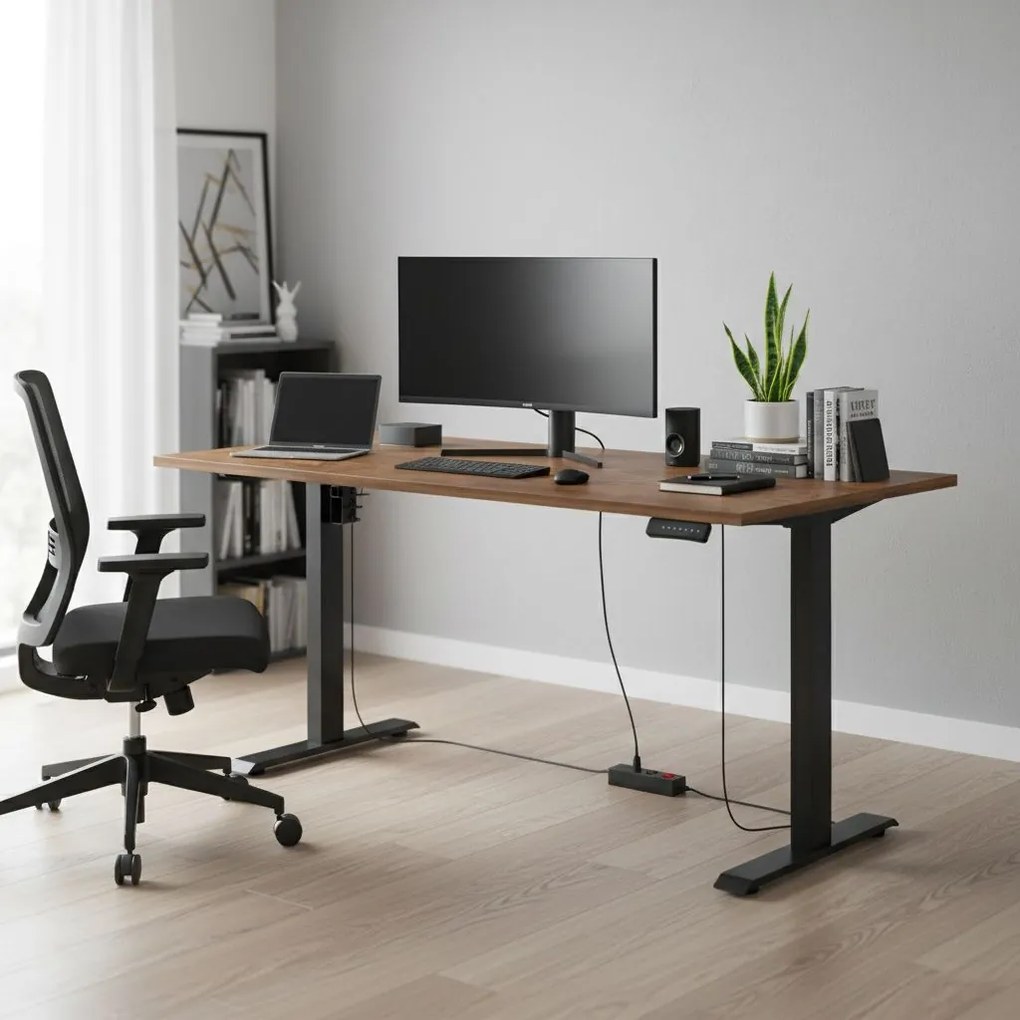 Výškově nastavitelný stůl OfficeTech B, 160 x 80 cm, černá podnož, dub silverjack