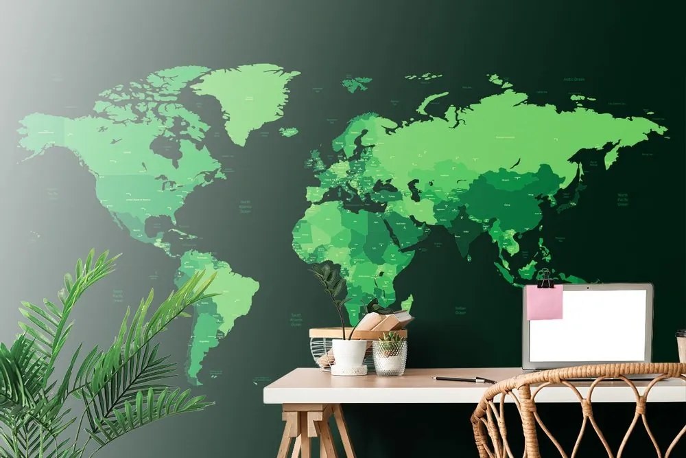 Tapeta detailní mapa světa v zelené barvě - 225x150 cm