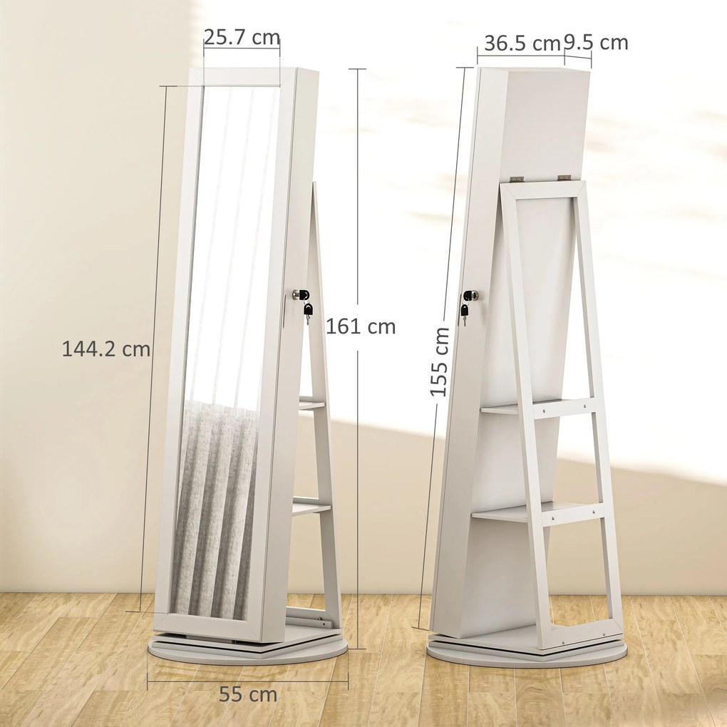 HOMCOM 360° Rotující Šperkovnice se Zrcadlem, Šperkovnice se Zámkem, Celoplošné Zrcadlo se 3 Policemi na Zadní Straně a 2 Šuplíky, 55x55x161 cm, Bílá