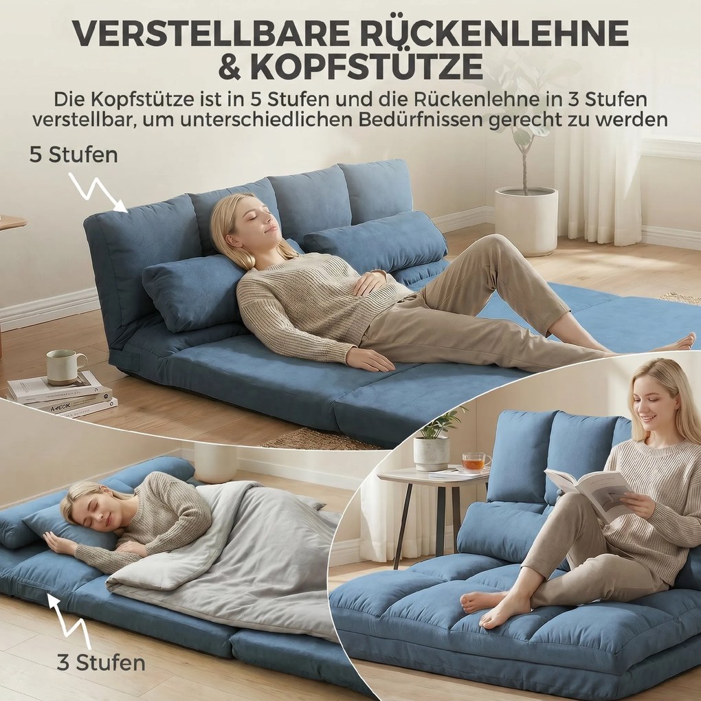 Rozkládací pohovka 2 v 1 HOMCOM, 102L x 73W x 60H cm, s třísměrně nastavitelným opěradlem, sedák, samet, ocel, modrá| Aos