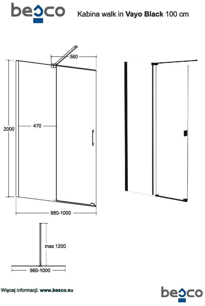 Hopa VAYO BLACK 100 cm BCVAYO100BC sprchový kout Walk-in