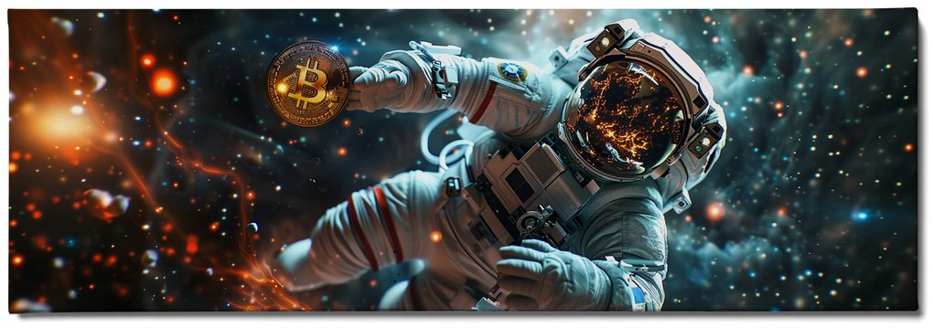 Obraz na plátně - Bitcoin, Astronaut štosuje ve vesmíru FeelHappy.cz Velikost obrazu: 240 x 80 cm