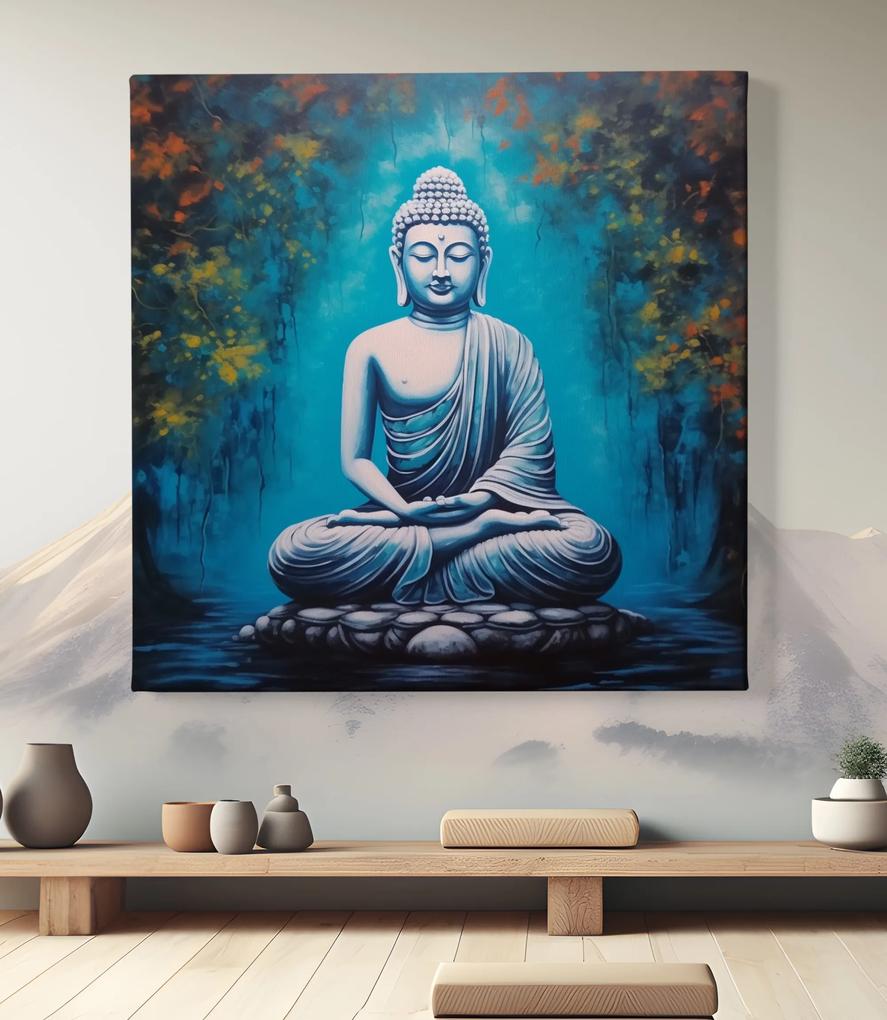 Obraz na plátně - Sedící buddha na kamenném ostrůvku FeelHappy.cz Velikost obrazu: 100 x 100 cm