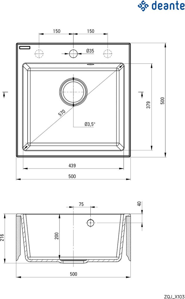 Deante Evora, 1-komorový granitový dřez 500x500x216 mm, šedá, DEA-ZQJ_S103