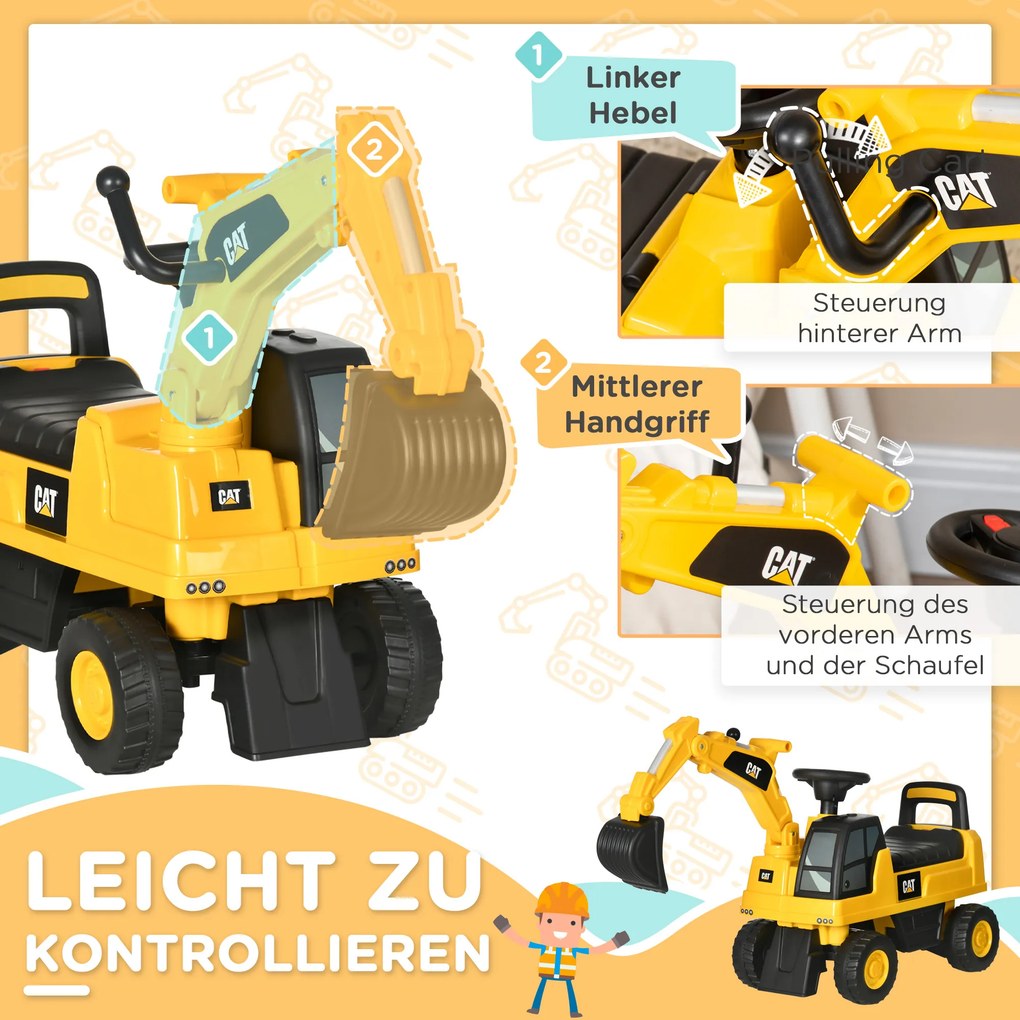 HOMCOM sedací bagr s lopatou a klaksonem, pro děti od 12 měsíců, žlutý+černý, 85x27.5x47.5cm| Aosom