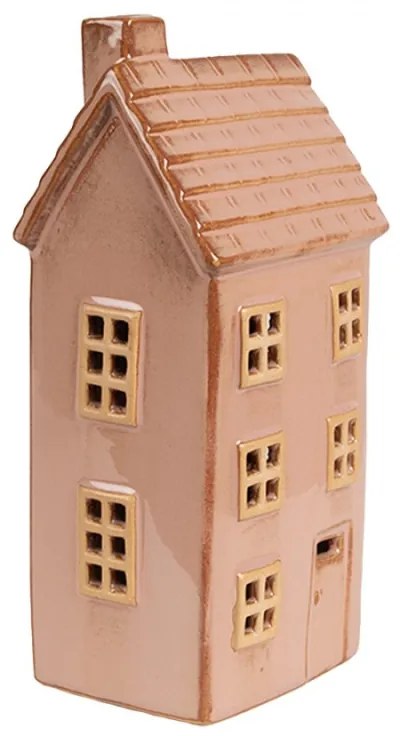 Vánoční dekorace s LED světlem hnědý porcelánový domeček s dvířky a vlnitou střechou – 8x6x17 cm