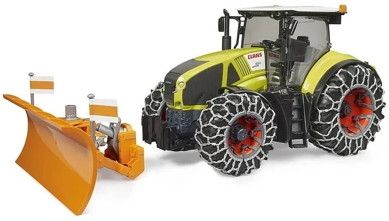 Bruder Claas Axion 950 se sněhovými řetězy a radlicí