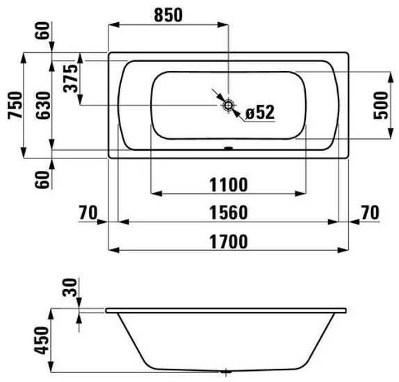 Laufen Moderna Vana plechová 170x75 bez noh H2250700000401