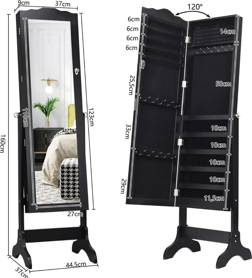 Costway Uzamykatelná skříňka na šperky stojící design s nastavitelným úhlem