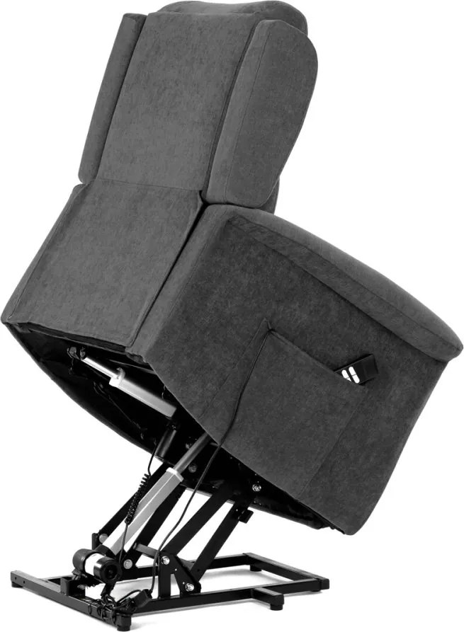 Relaxační křeslo s elektrickým ovládáním, pomoc při vstávání, potah šedá látka, 2 motory (82 x 98) cm