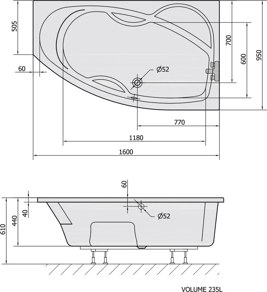Polysan Polysan, MAMBA R asymetrická vana 160x95x44cm, bílá, 28111