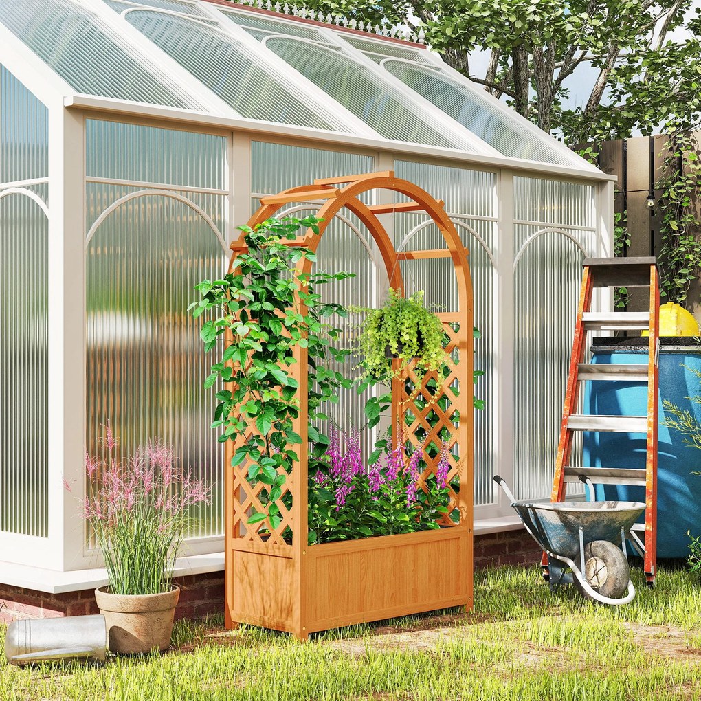 Outsunny Zahradní vyvýšený záhon s treláží a obloukovou střechou, dřevěný kryt vyvýšeného záhonu 83x36x145cm pro zahradní balkon a terasu, květinový …