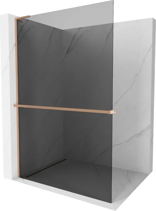 Mexen Kioto+ L, sprchová zástěna Walk-In s poličkou a věšákem 110 x 200 cm, 8mm šedé sklo, měděný matný profil, 800-110-123-65-40