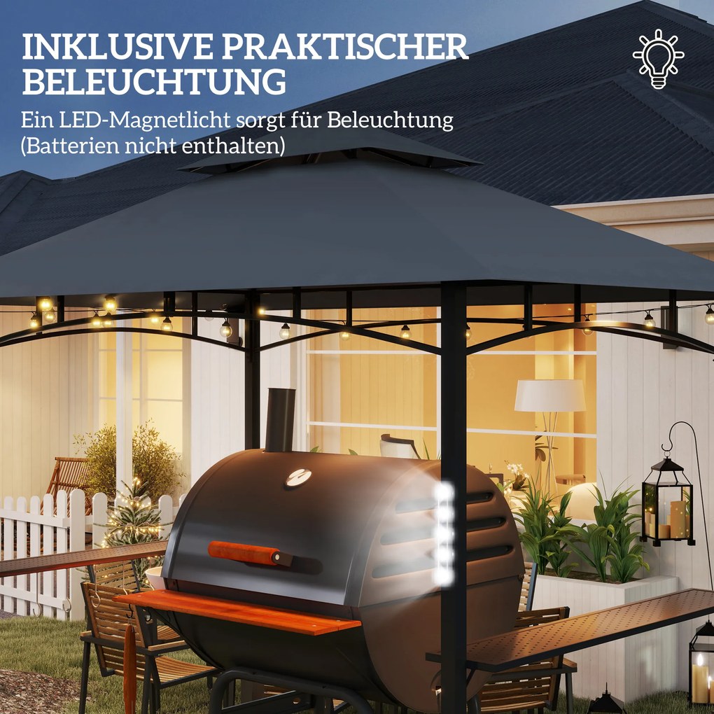 Grillpavillon, Gartengrillzelt mit Gewürzregalen, LED-Beleuchtung, Metall, Kunststoff, 243L x 148B x 248H cm, Grau