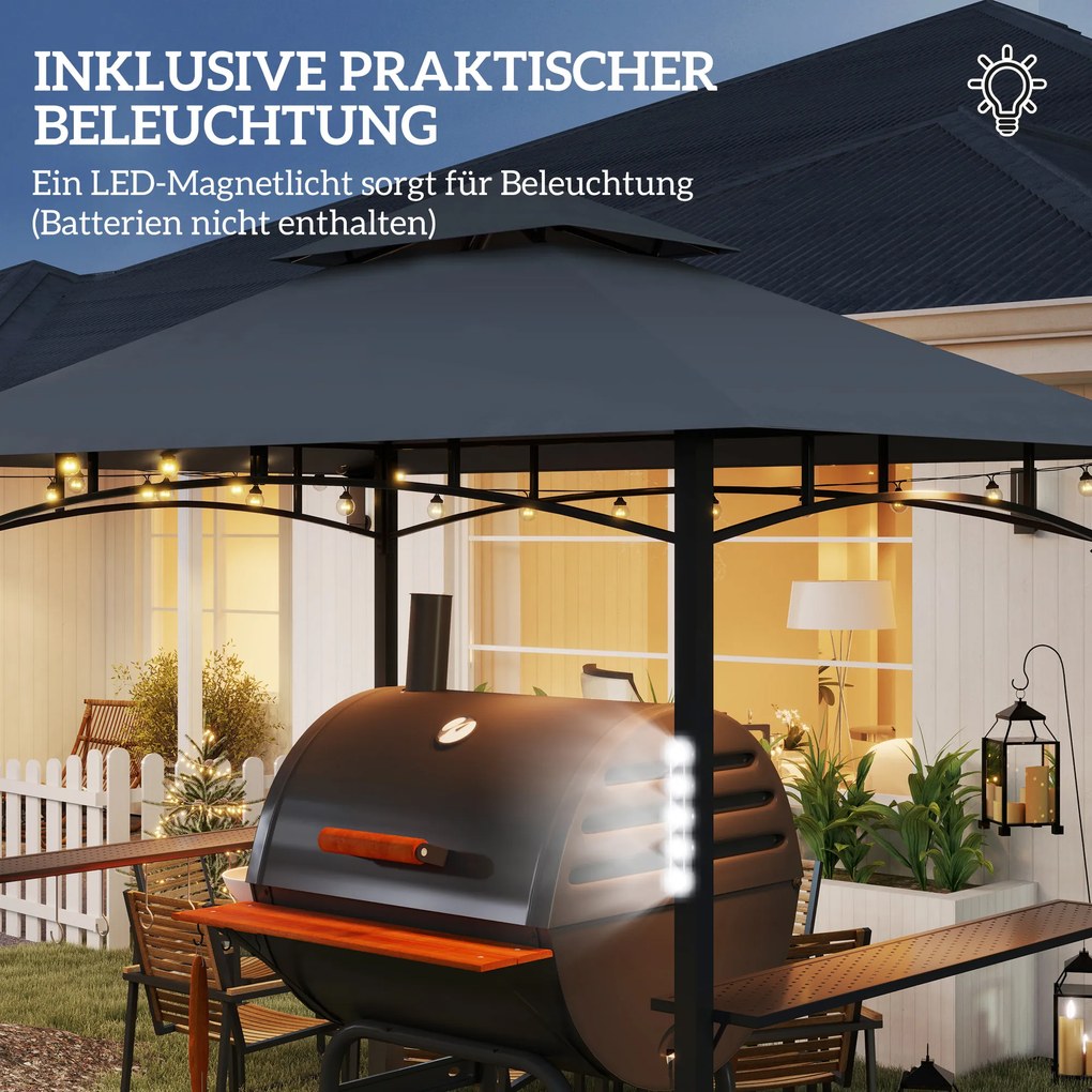Outsunny Grilový pavilon, zahradní grilovací stan s regály na koření, LED osvětlení, kov, plast, 243D x 148Š x 248V cm, šedý