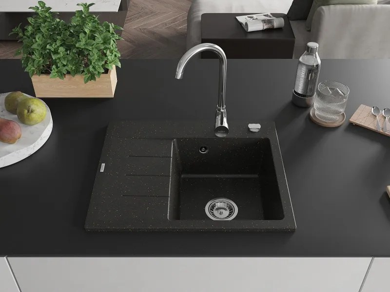 Mexen Ben, 1-komorový granitový dřez 600x500x190 mm, pravý + chromový sifon, černá-zlatá metalíza, 6523605000-75