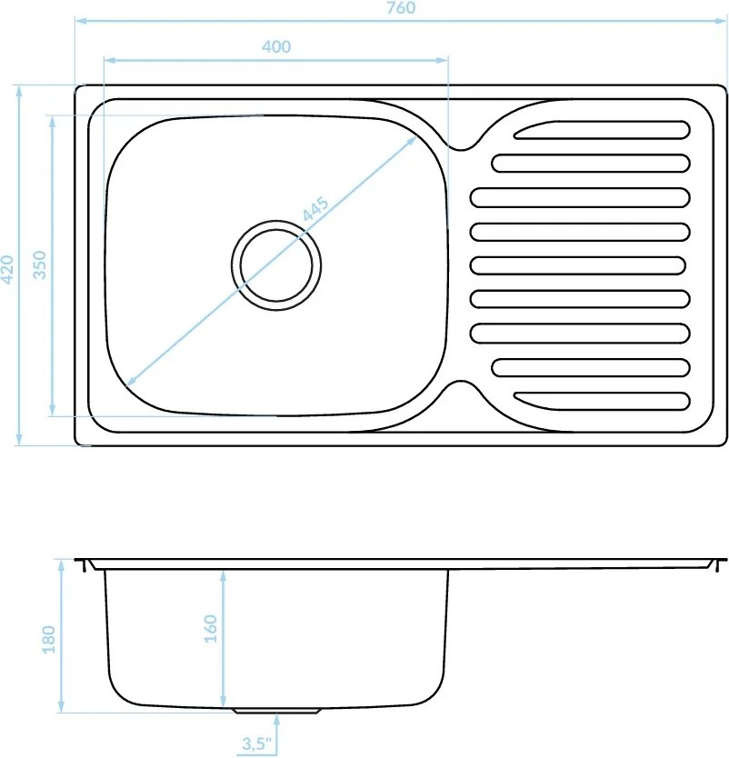 Kuchinox Orion, 1-komorový nerezový dřez 760x420x180 mm s odkapávačem, hladký dekor, ocelová, LAV-SKO_011T
