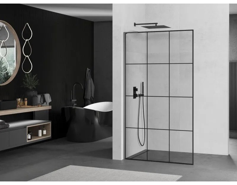 Mexen Kioto L, sprchová zástěna Walk-In 100 x 200 cm, 8mm čiré sklo černý vzor, ​​grafitový profil, 800-100-103-95-77