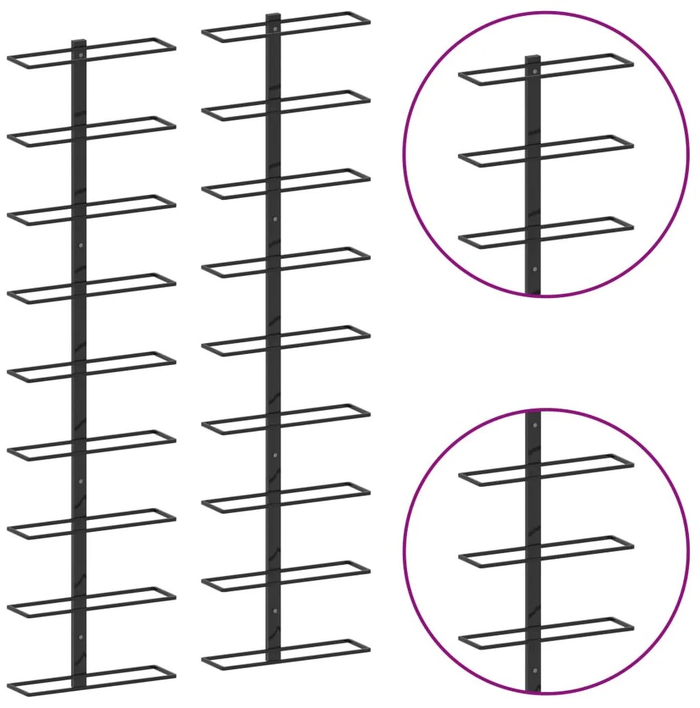 vidaXL Marketos Nástěnný stojan na víno na 18 lahví 2 ks černý železo