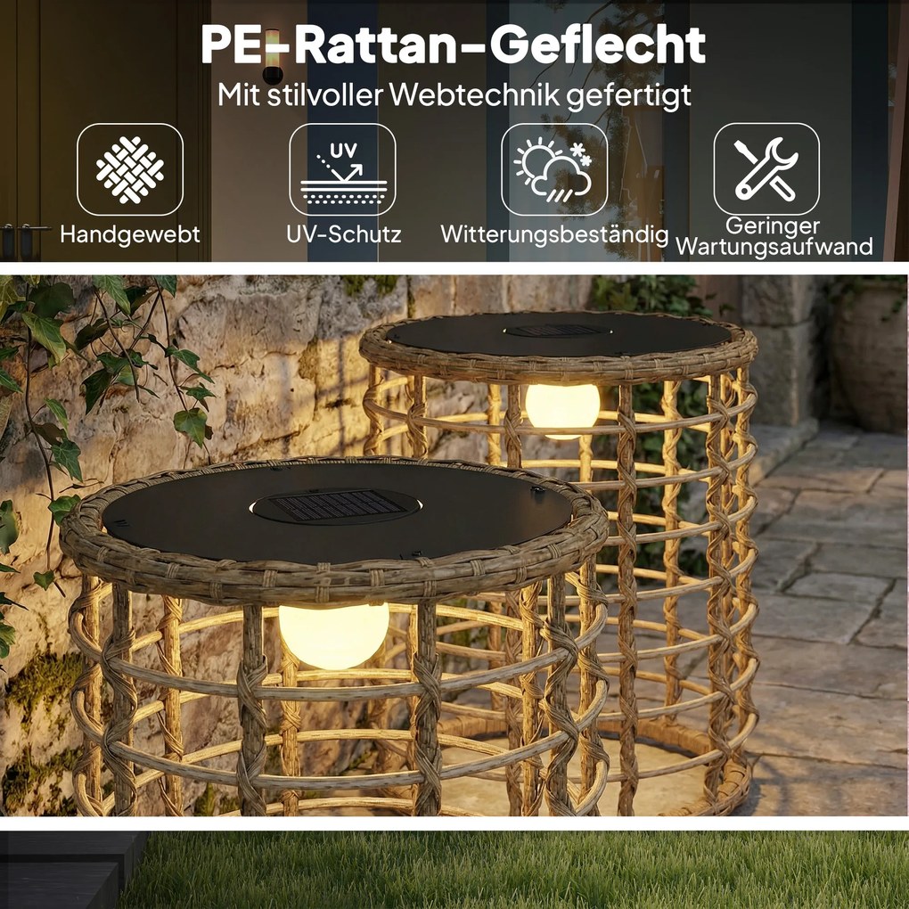 Outsunny Solární stojací lampa sada 2 ratanových solárních lamp se světelným senzorem LED solární světlo v boho stylu IP44