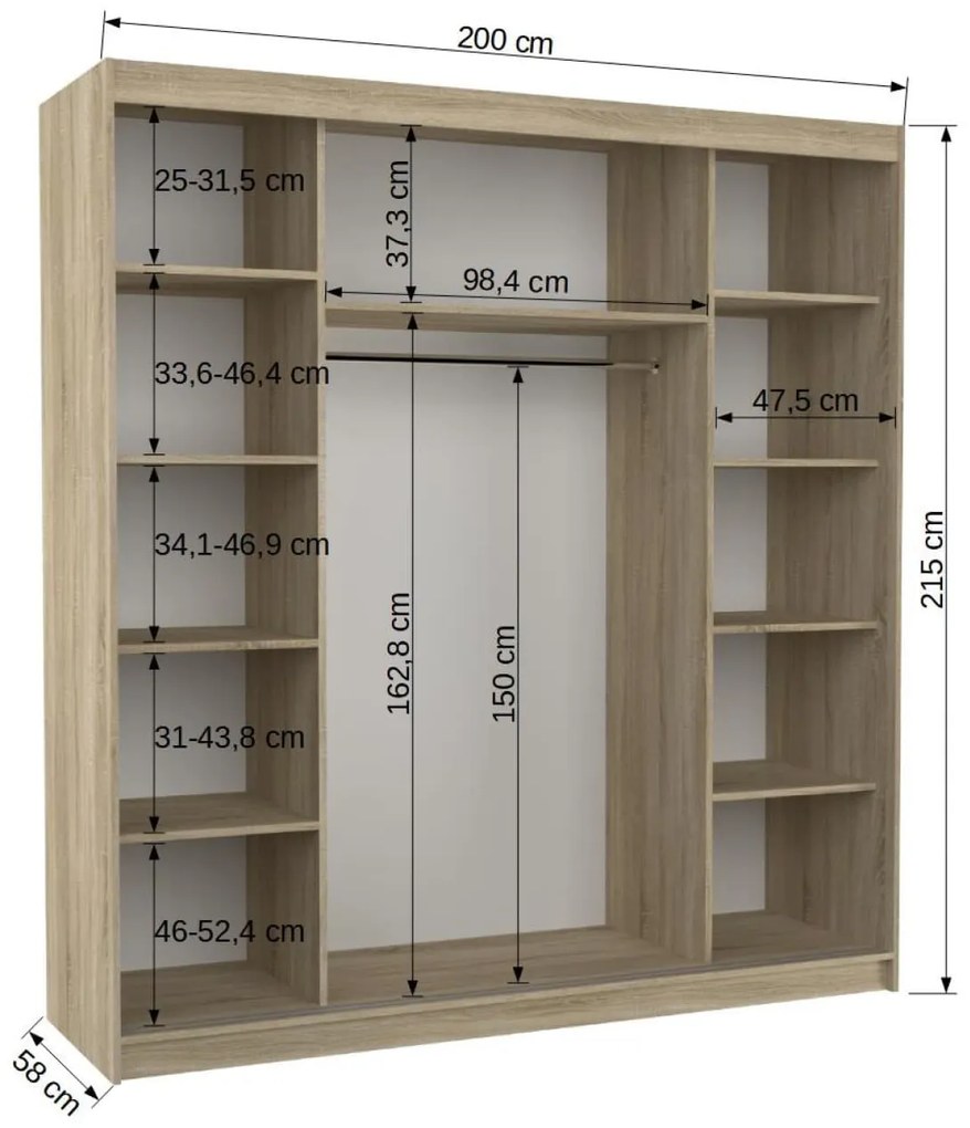 Šatní skříň s posuvnými dveřmi Santiago - 200 cm Barva: Bílá/Černá