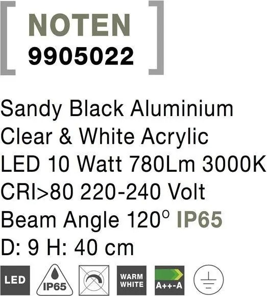 NV 9905022 Venkovní sloupkové svítidlo NOTEN černý hliník čirý a bílý akryl LED 8W 3000K 220-240V IP65 120st. IP65 - NOVA LUCE
