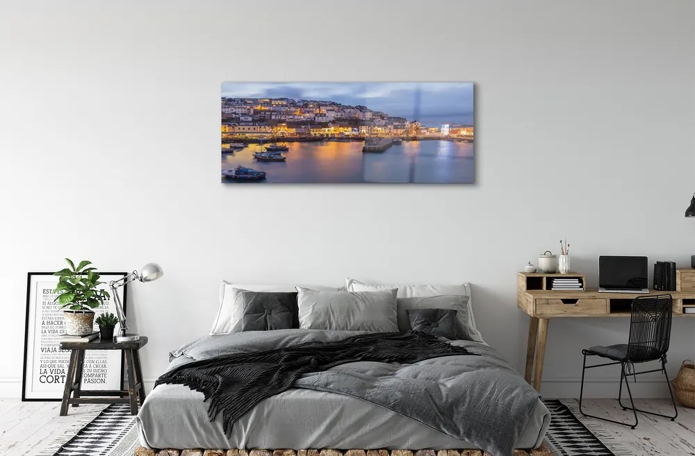 akrylový obraz Město noční moře loď 120x60 cm
