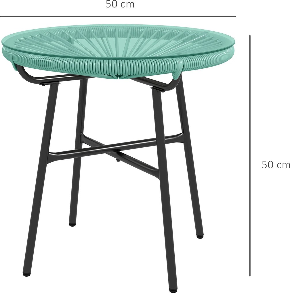Kulatý zahradní stůl Outsunny v designu ratanu, kovová konstrukce a temperované sklo Ø 50 x 50 cm Zelený