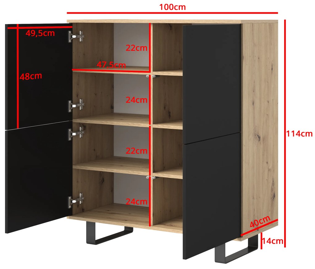 Eka Komoda s kovovými nohami EMI 4D 100 cm Barva dřeva: Dub Artisan/Černá