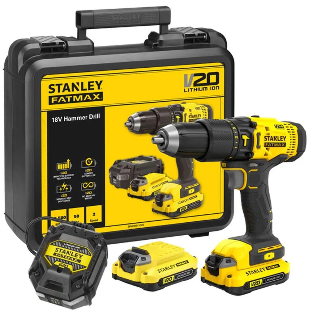 Stanley - 18V AKU vrtačka s příklepem, 2x aku 1,5 Ah Li-Ion, nabíječka SFMCD711C2K-QW