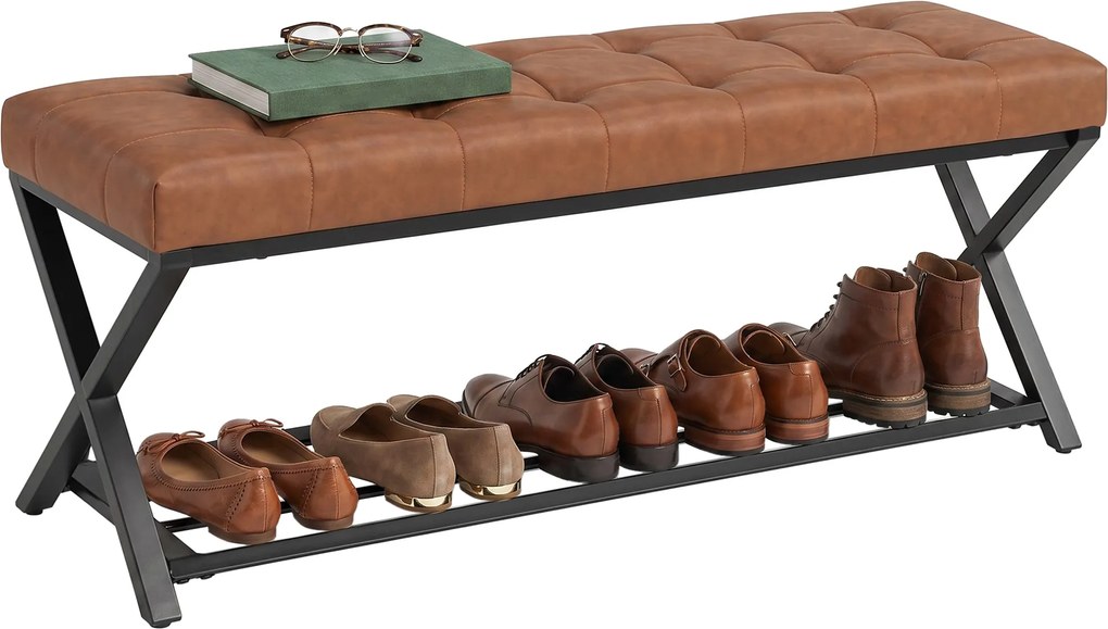 HOMCOM lavice na boty s polstrovaným sedákem, botník s úložným prostorem, průmyslový X-rám z oceli, PU kůže, nosnost až 220 kg, 112 x 37 x 47 cm, hněd