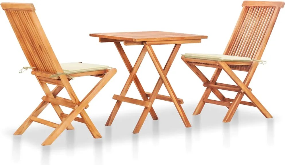 3dílný bistro set s krémovými poduškami masivní teakové dřevo 3063227